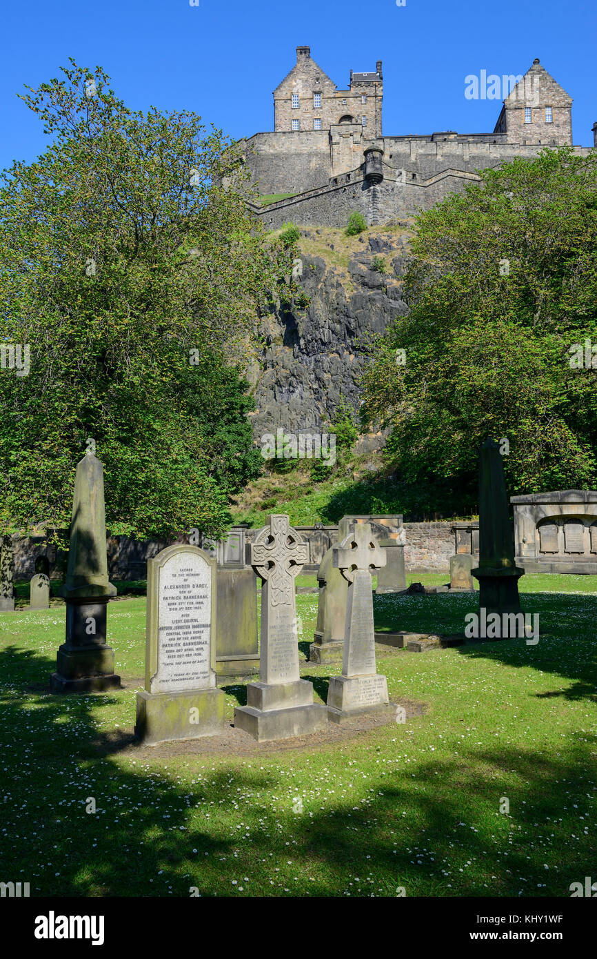 Gravestones in St Cuthbert's Graveyard with Edinburgh Castle in ...