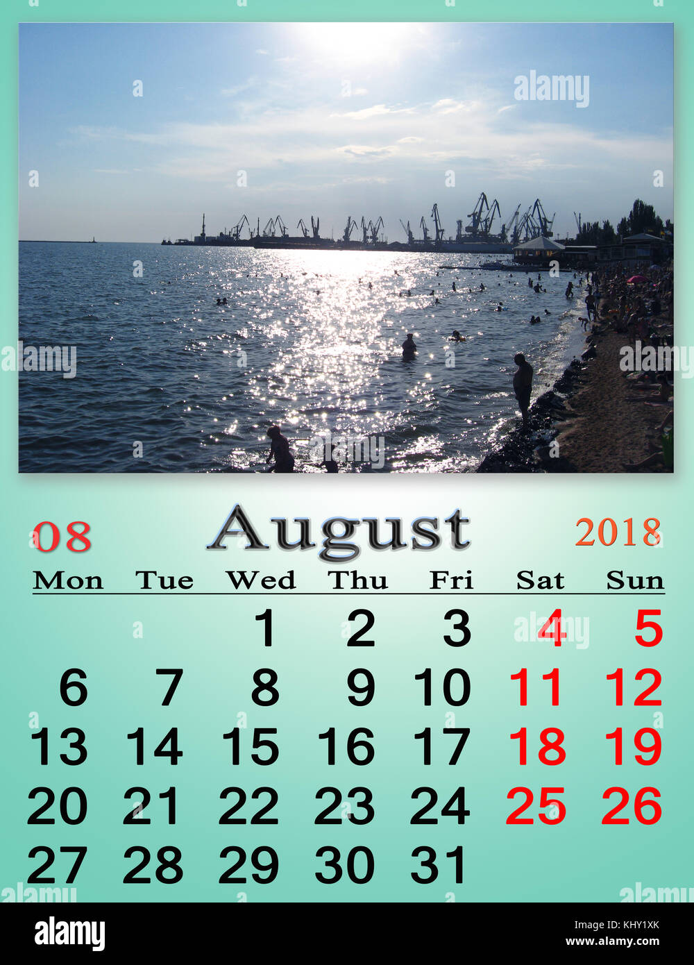 calendar for August 2018 with seashore with sand and waves Stock Photo ...