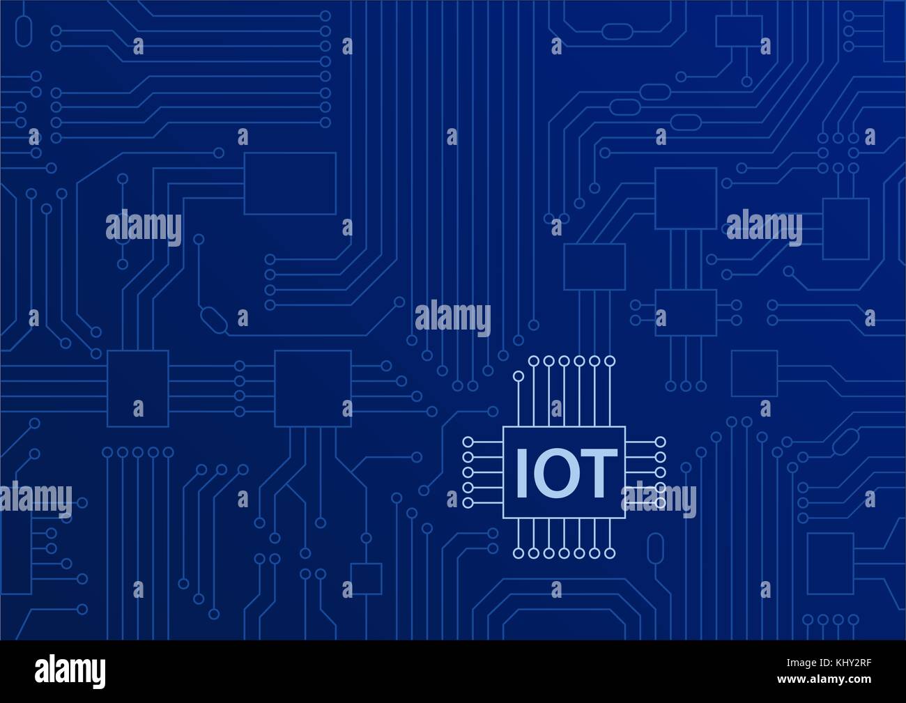 IOT text displayed on circuit board with blue background. Internet of ...