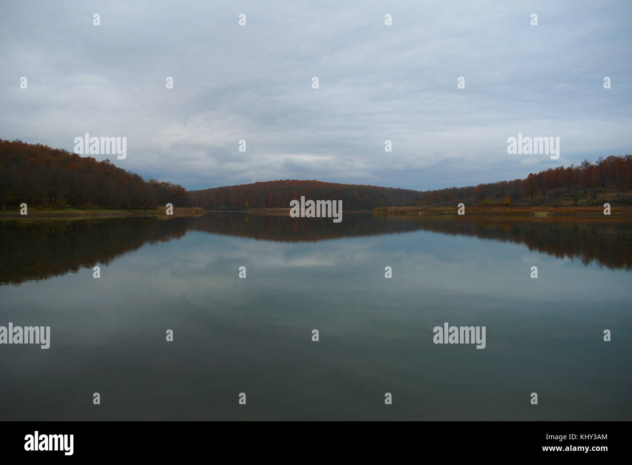 Falling leaves on a bulgarian lake in fall Stock Photo - Alamy