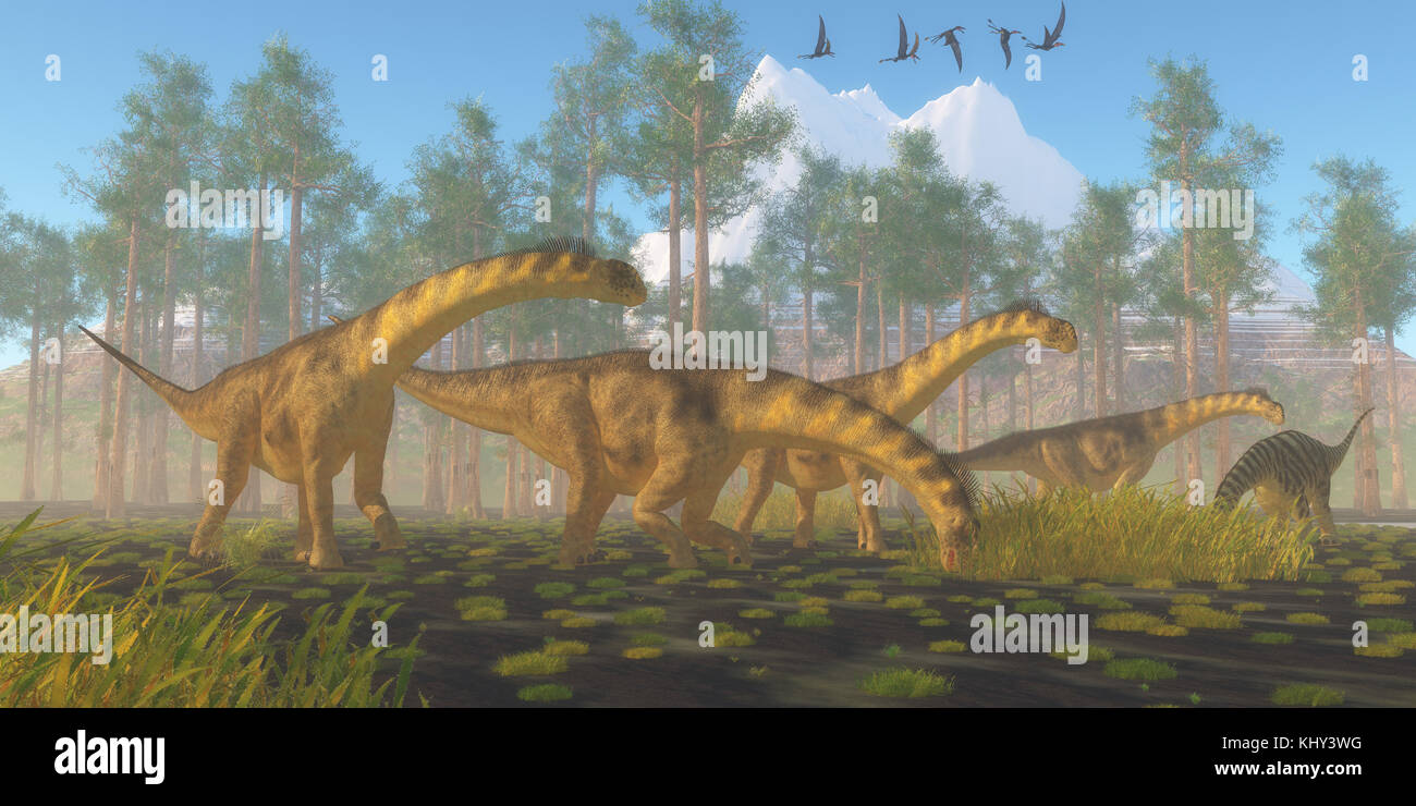 Camarasaurus Dinosaur Herd - A flock of Dorygnathus reptiles fly over a ...