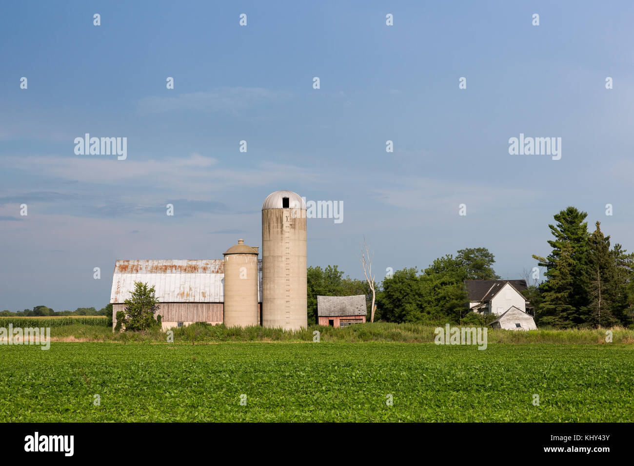 Abandoned family farm with barn and copy space. Rural countryside in ...
