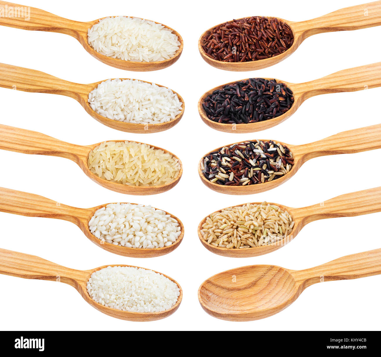 Rice collection. Different types of rice in wooden spoons isolated on ...