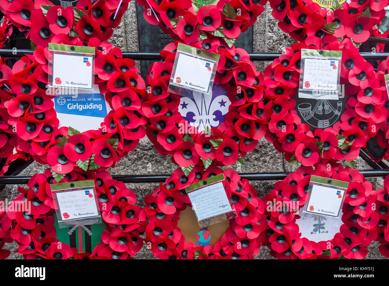 Poppy wreaths left at Truro Cenotaph in Cornwall Stock Photo - Alamy