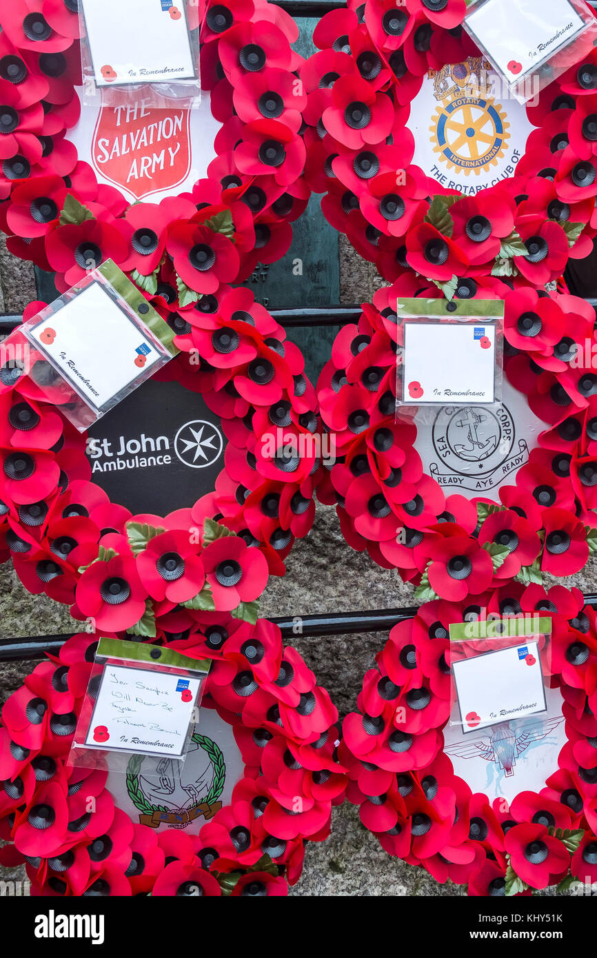 Poppy wreaths left at Truro Cenotaph in Cornwall Stock Photo - Alamy