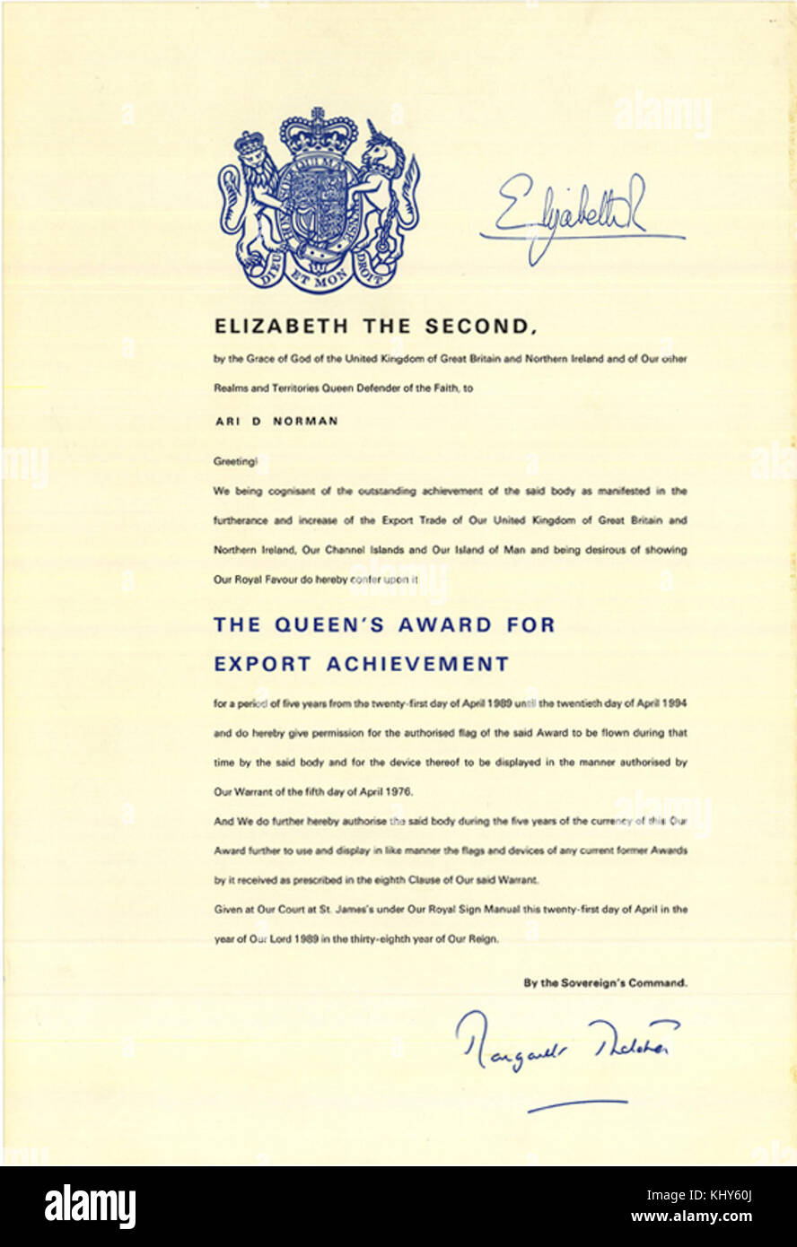 Ari D Norman Queen's Award for Export Achievement Certificate Stock ...