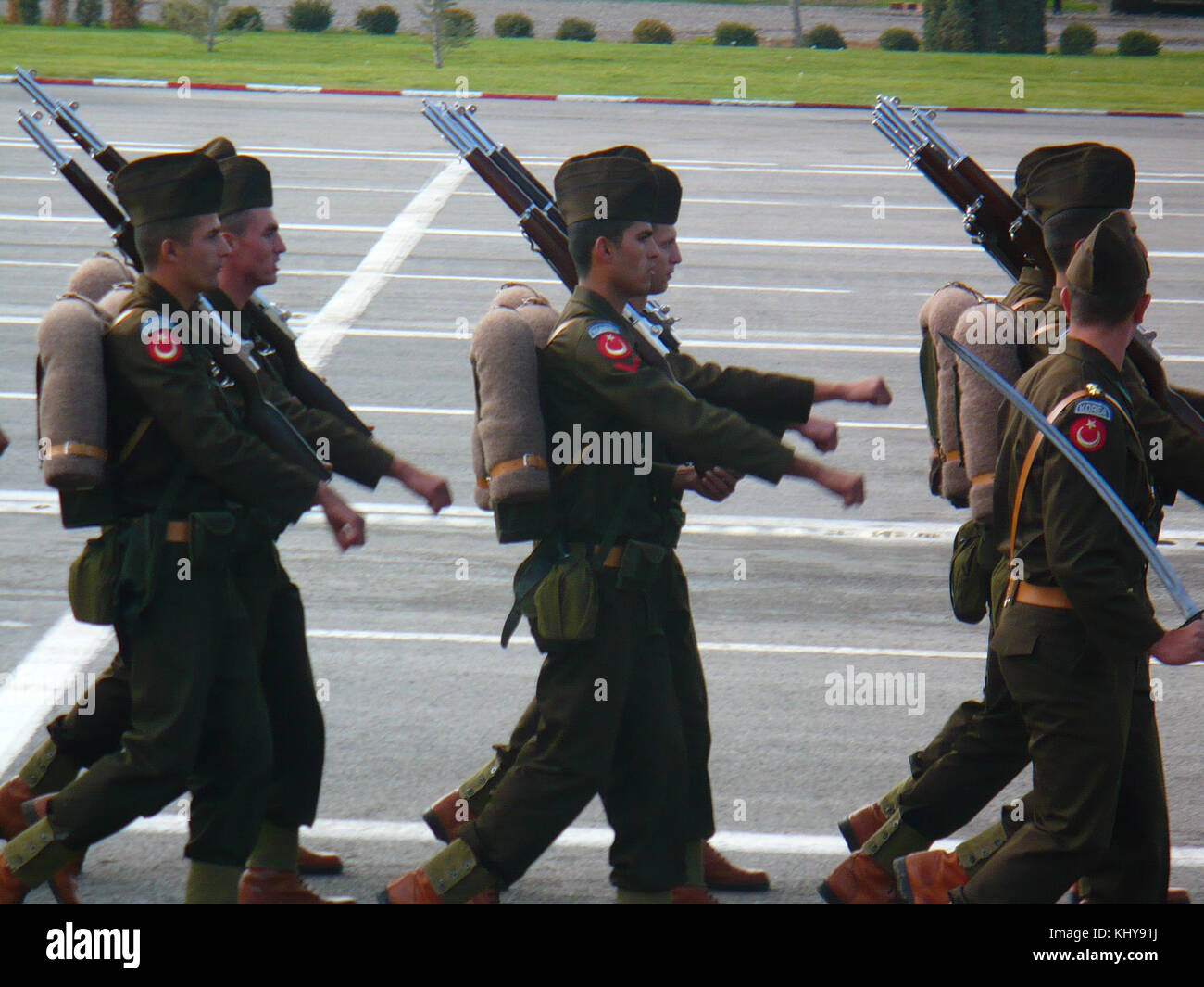 Parade of Turkish soldiers wearing uniforms of the Turkish Brigade ...