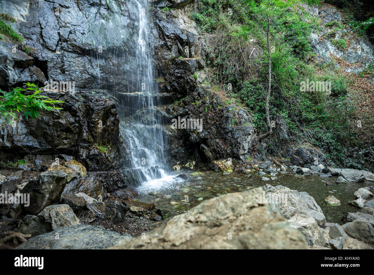 Caledonia waterfall pool in the mountains near Platres, central Cyprus ...