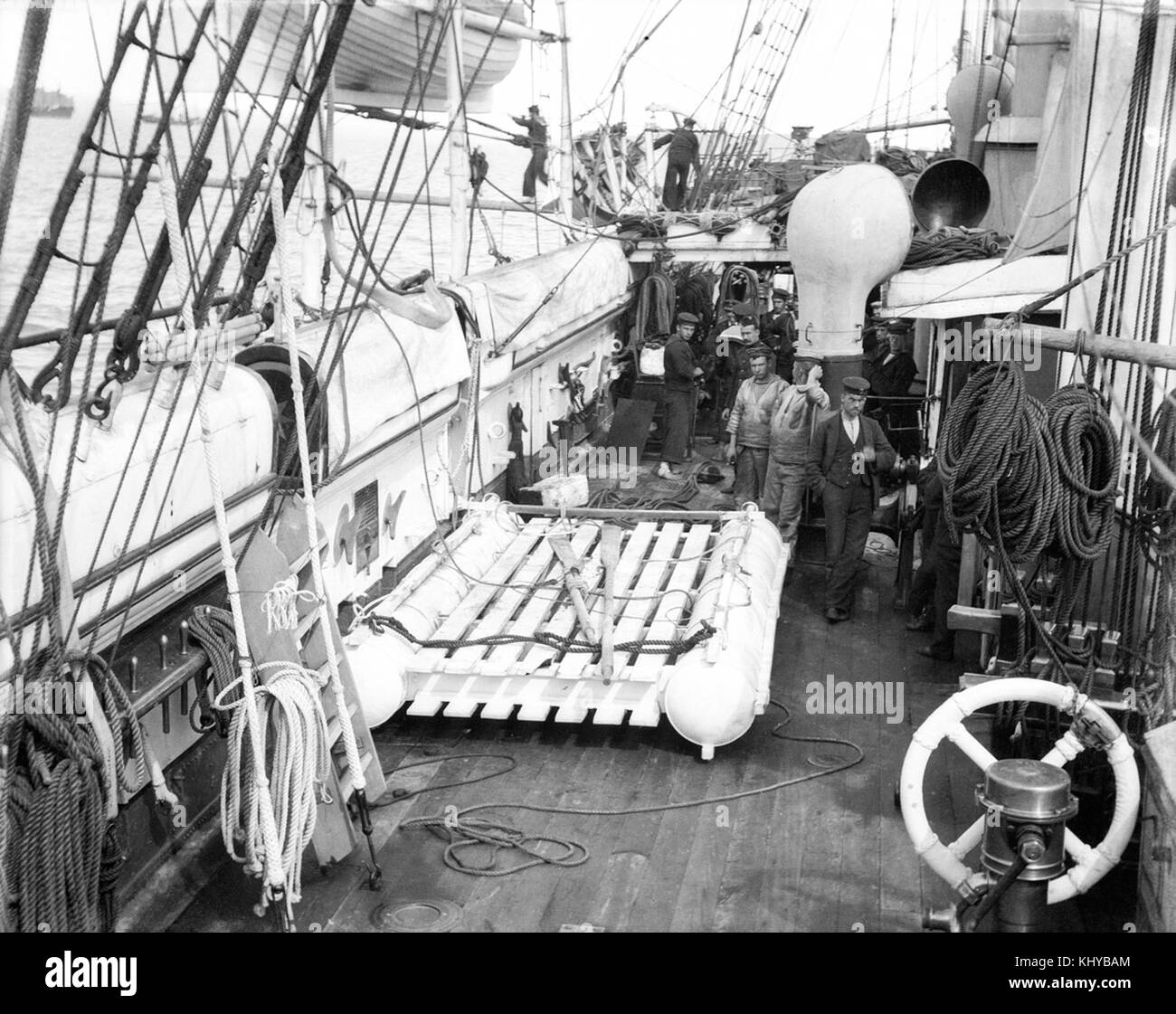 The life raft from 'Elingamite' on the upper deck of HMS 'Penguin ...