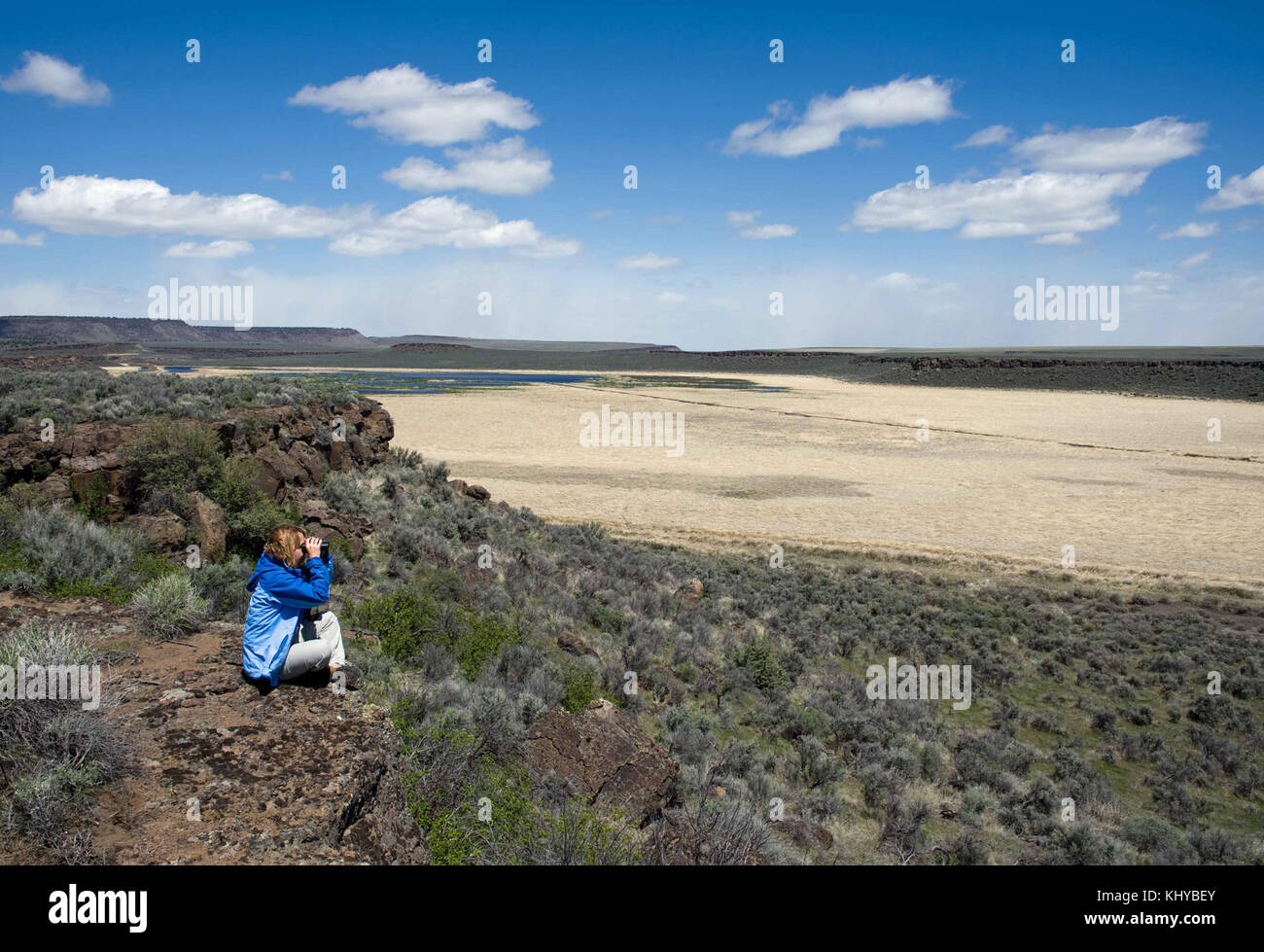 Female in nature enjoys birdwatching at an overlook Stock Photo - Alamy