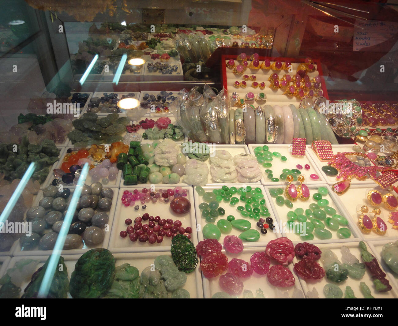 A photo of gems displayed in a shop in Mae Sot, Thailand, known for its ...