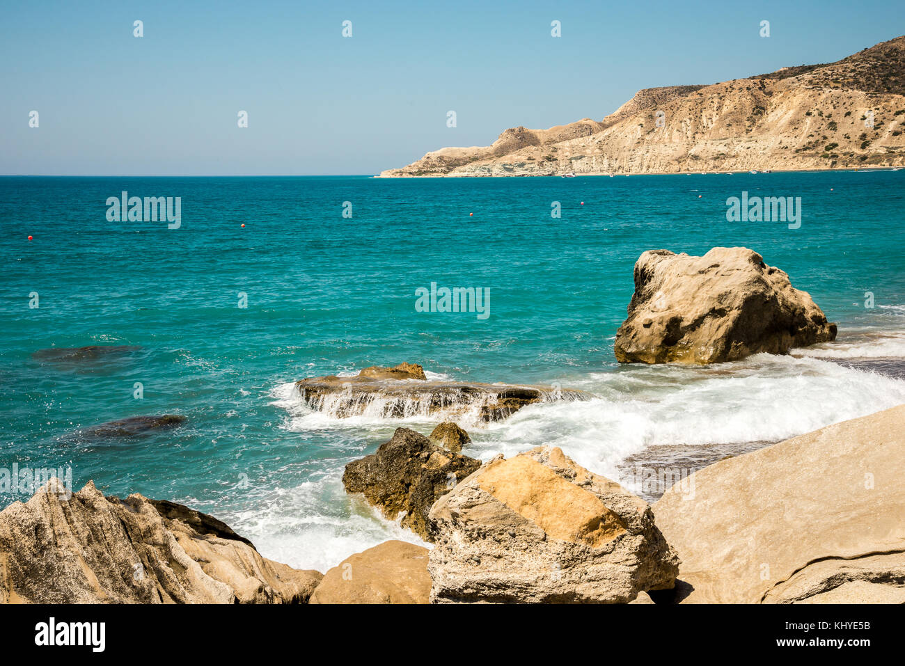 Pissouri Bay view with large rocks along the coast, Limassol district ...