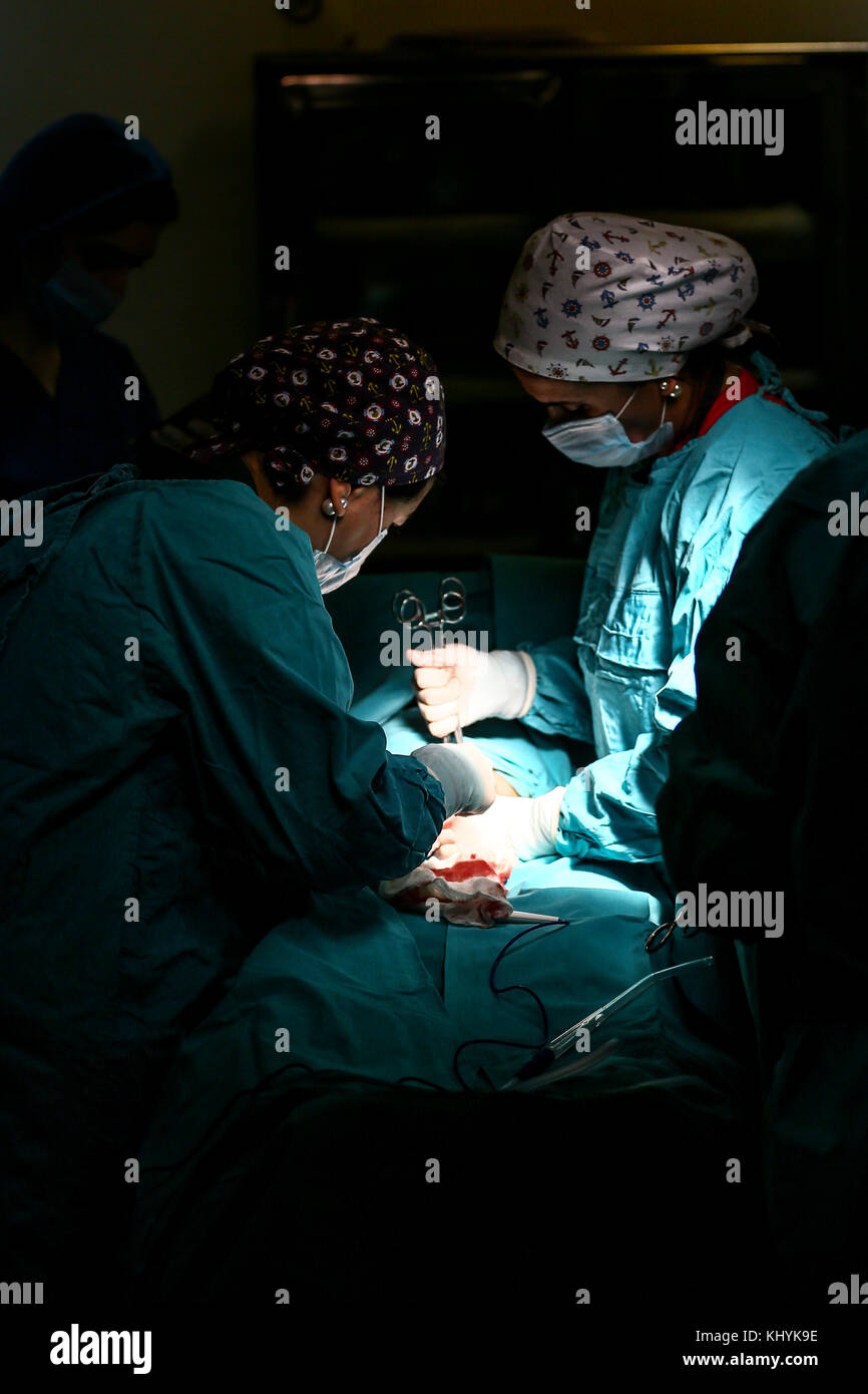Doctors perform a Cesarean section of an operating room in a maternity ...