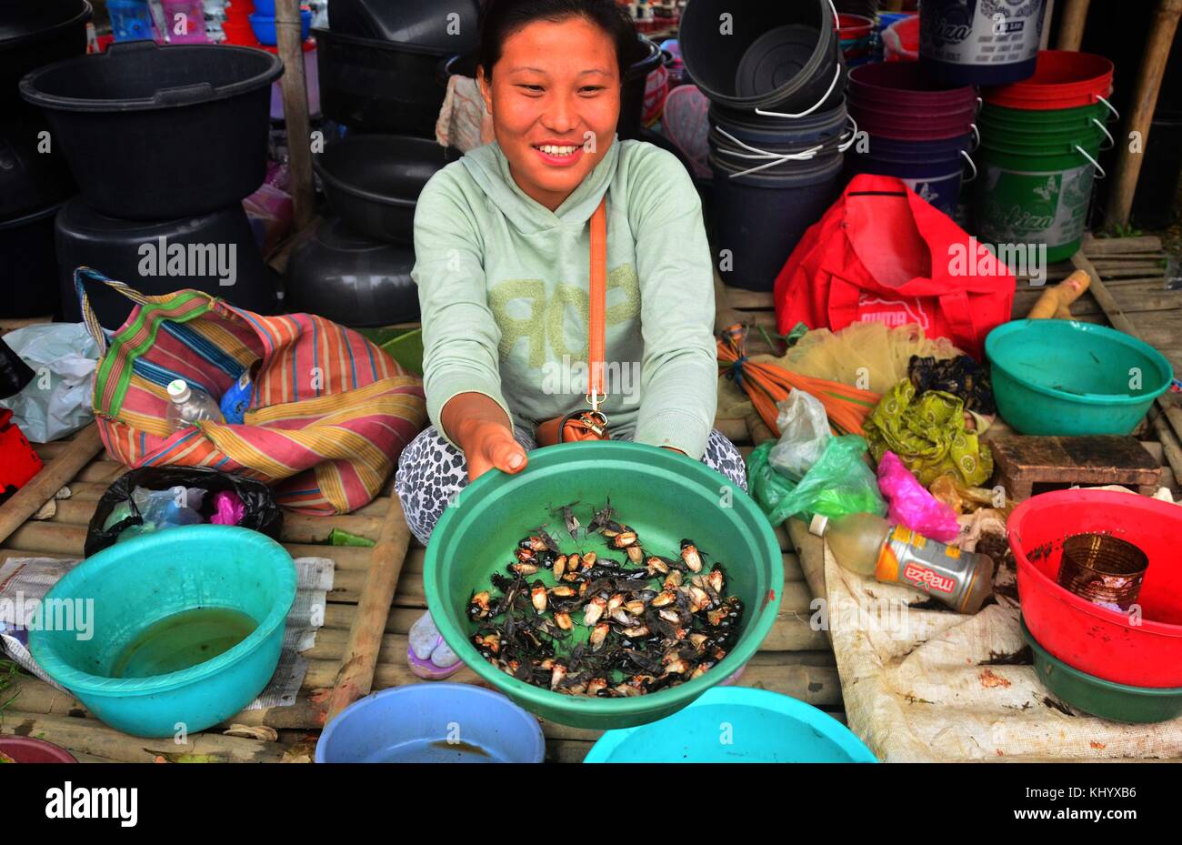 A woman shows fresh water insect for sale at a Dimapur, Nagaland, India ...