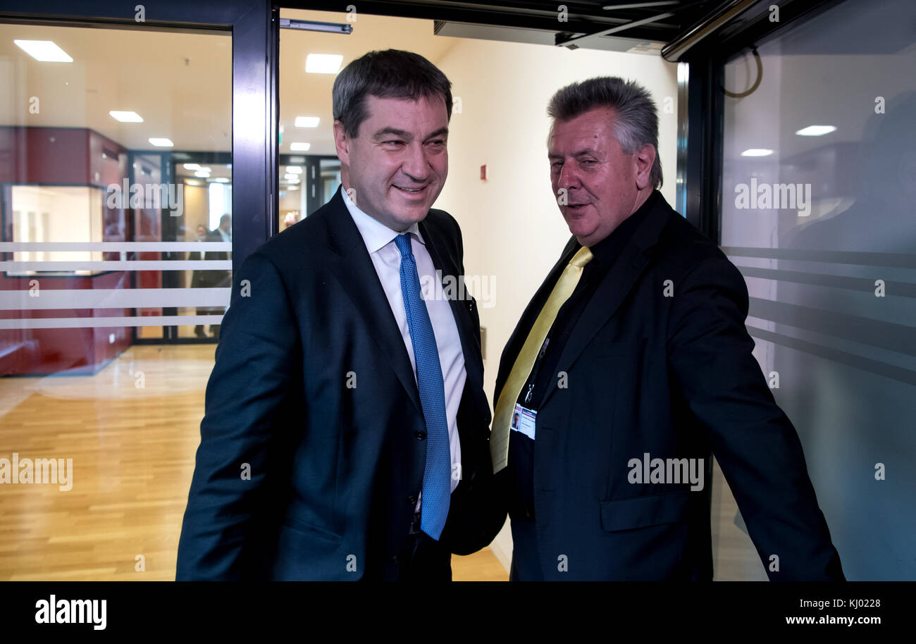 Munich, Germany. 23rd Nov, 2017. Markus Soder (L), Finance Minister of ...