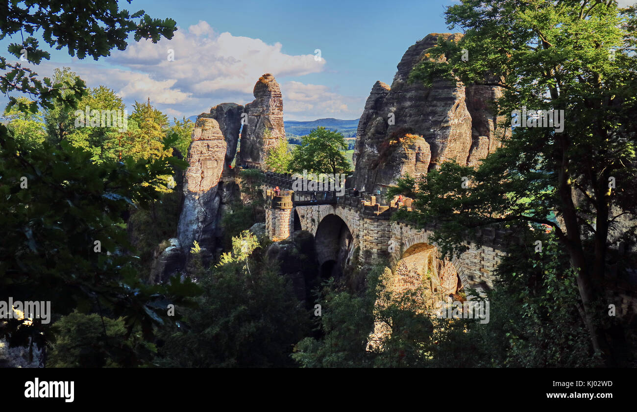 Europe, Germany, Saxony,The Bastei Bridge; National Reserve Saechsische ...
