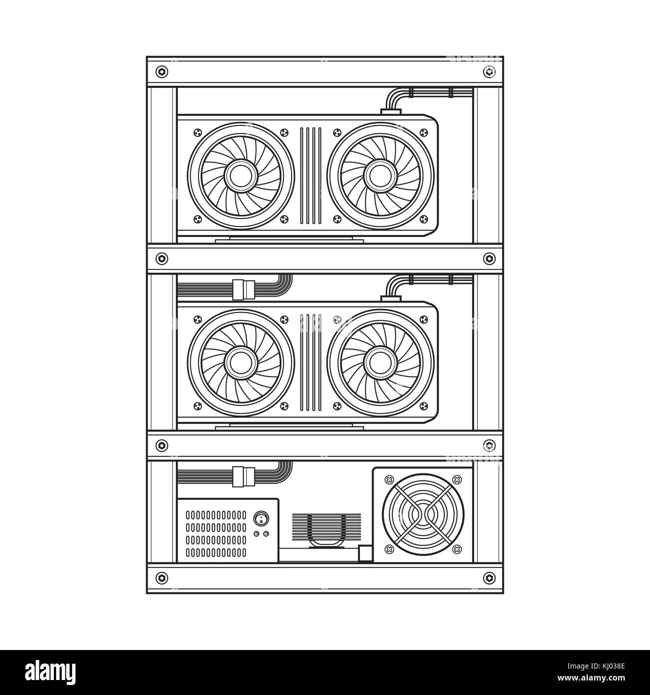 vector black monochrome outline GPU miner rig farm crypto currency ...