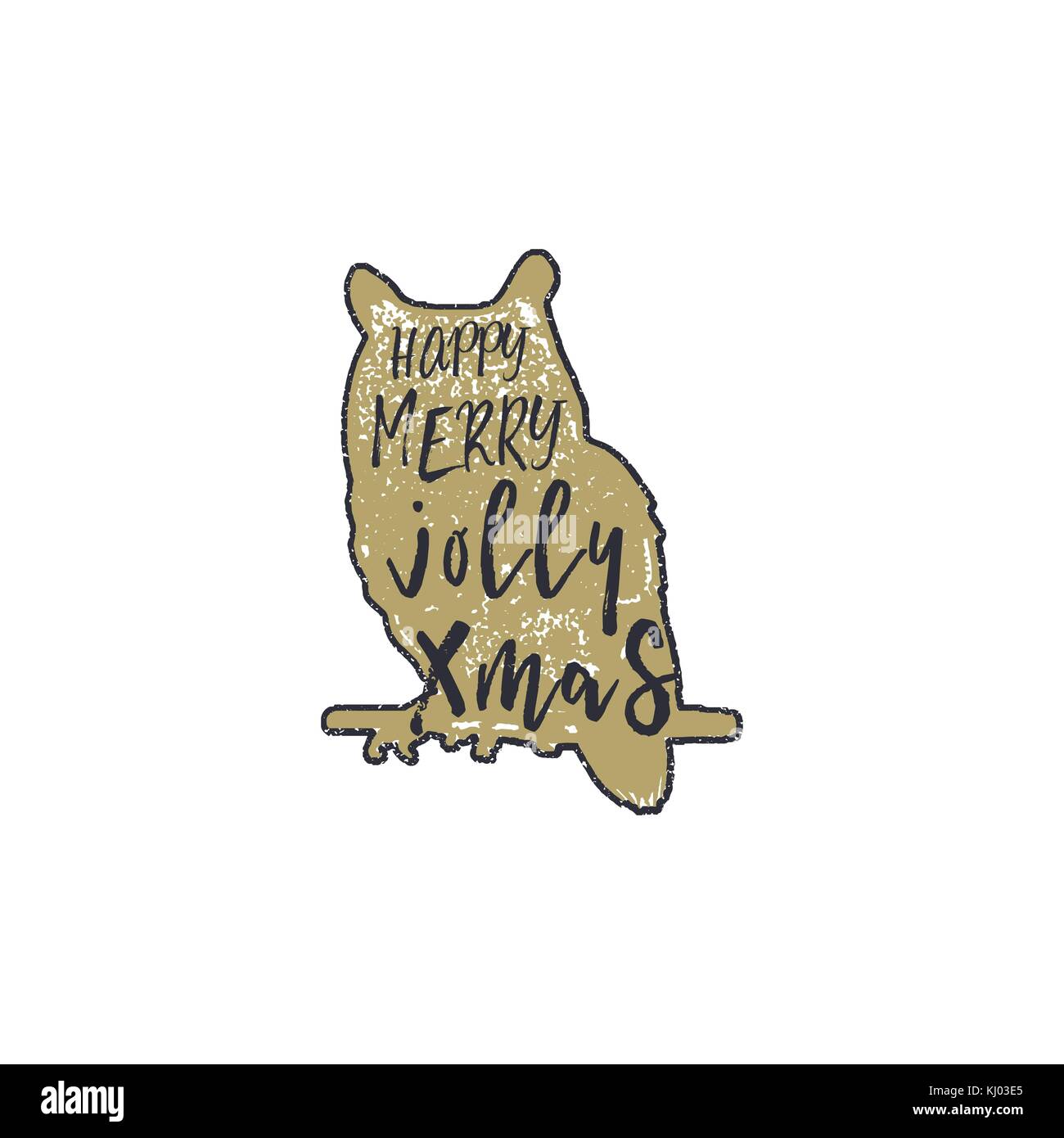 Vintage hand drawn owl with Christmas lettering inside. Silhouette xmas ...
