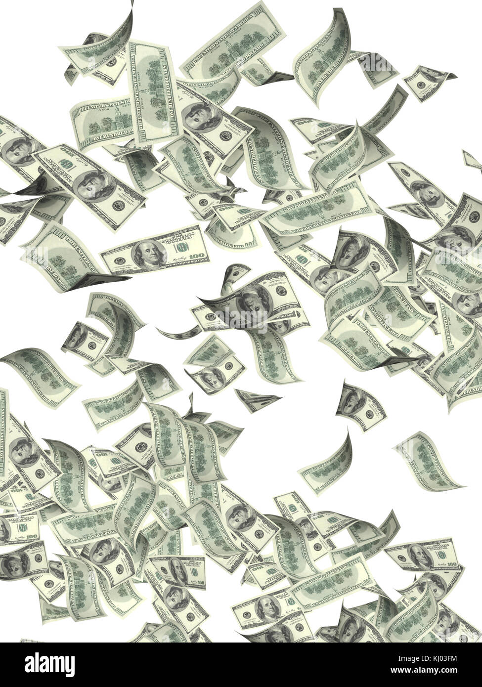 Flying banknotes of hundred dollars. Isolated on white background. 3d ...