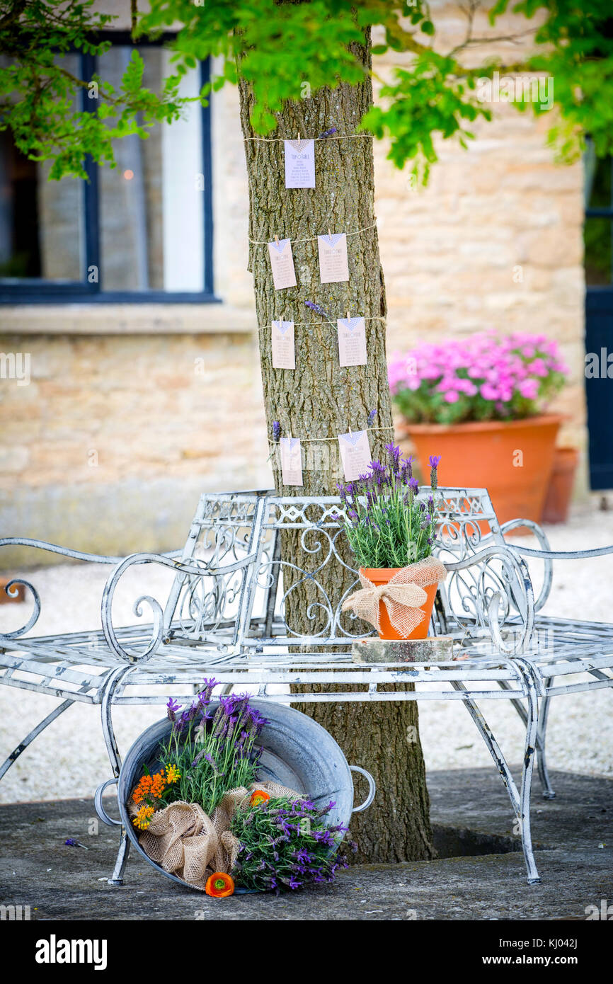 Wedding reception table guest lists tied to courtyard tree trunk and ...