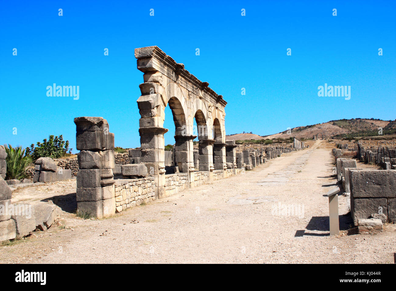 Arch and columns on Decumanus Maximus Street in Volubilis, Roman city ...