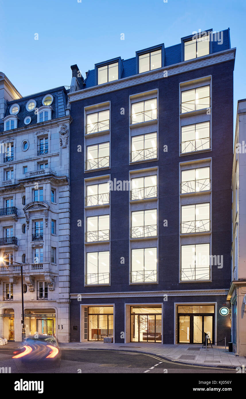 Oblique elevation with street at dusk. 11 Hanover Square, London ...