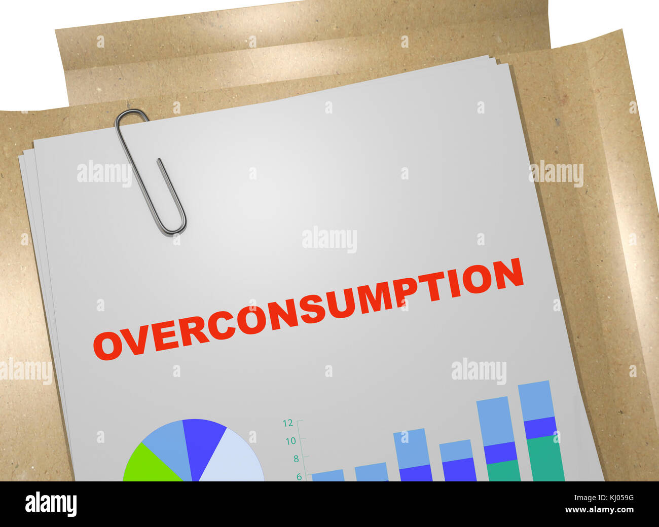 3D illustration of "OVERCONSUMPTION" title on business document Stock ...