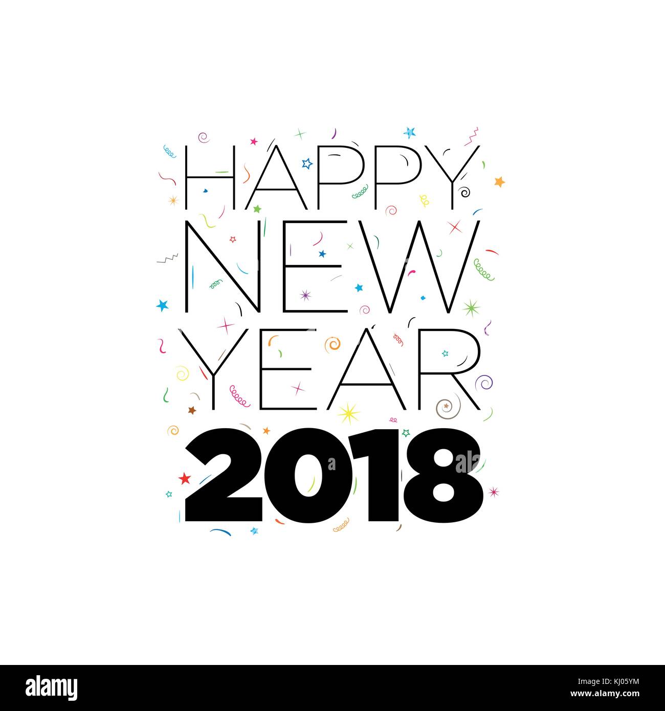Black Happy New Year 2018 text with confetti elements on white ...