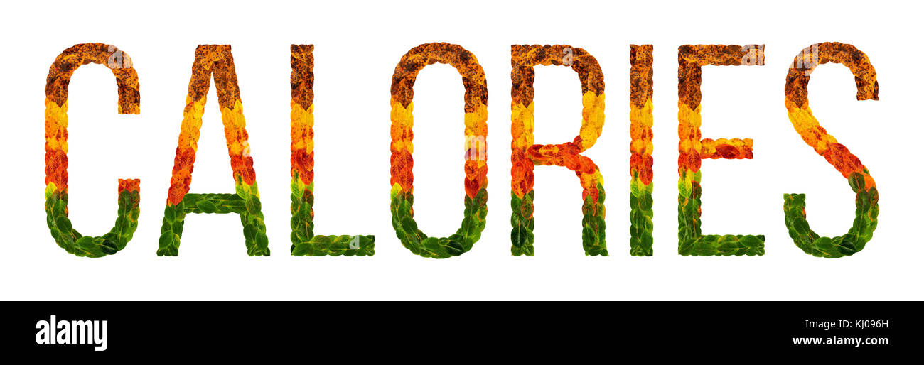 word Calories written with leaves white isolated background, banner for ...