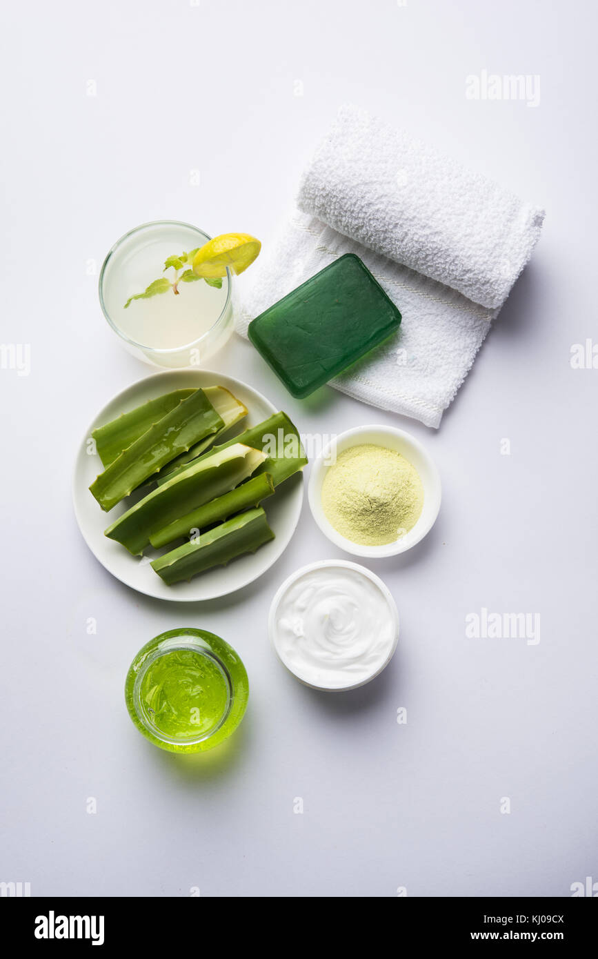 Aloe vera products like gel, juice, moisturising cream, soap, powder ...