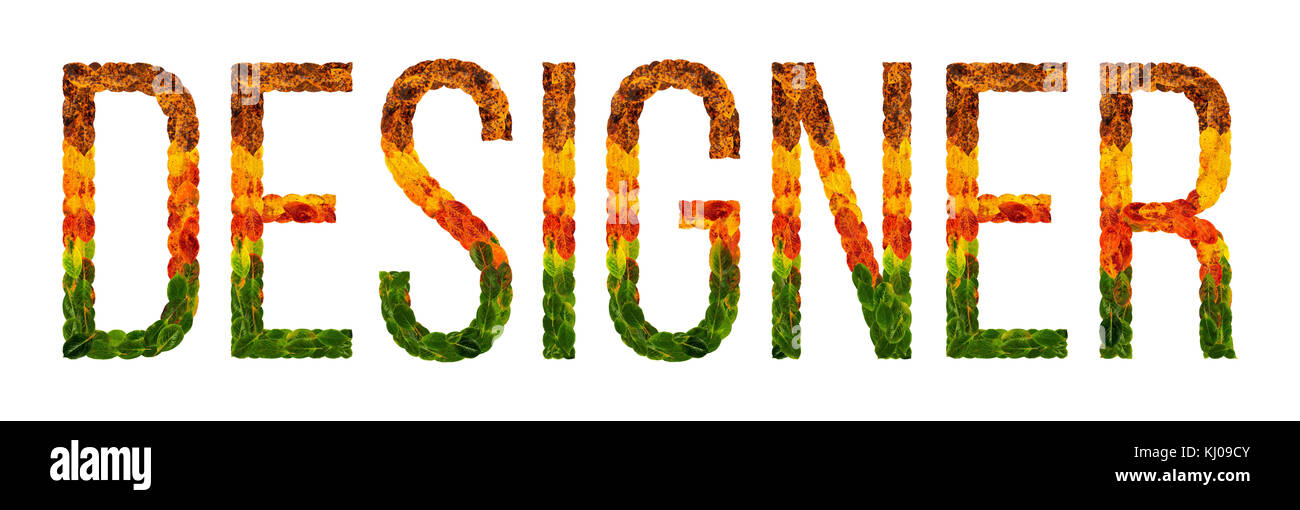 word designer written with leaves white isolated background, banner for ...