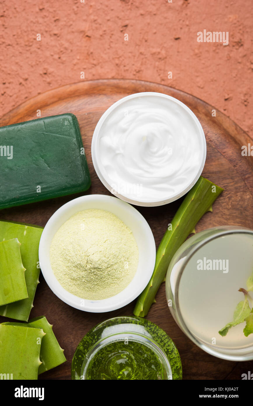 Aloe vera products like gel, juice, moisturising cream, soap, powder ...