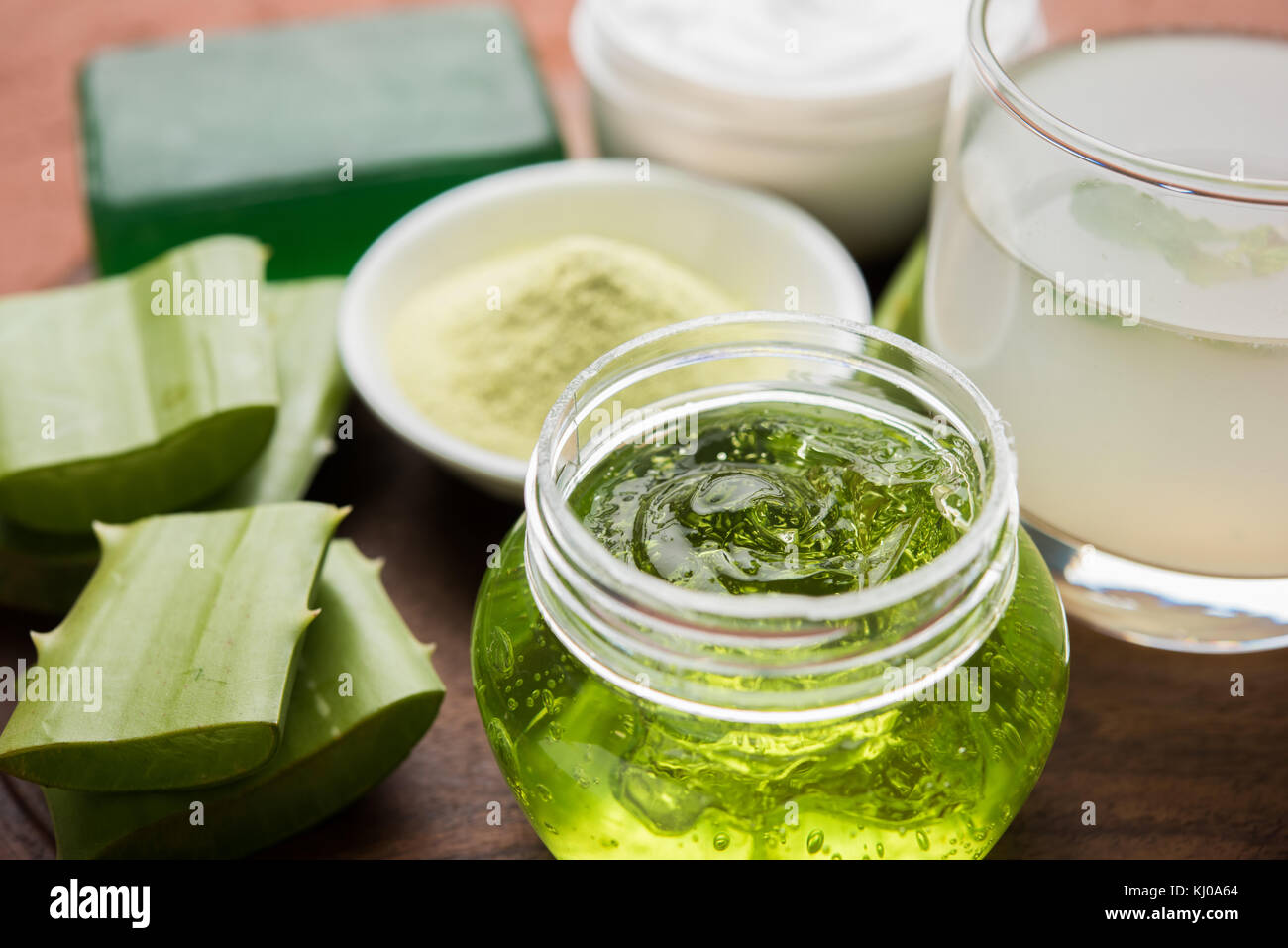 Aloe vera products like gel, juice, moisturising cream, soap, powder ...