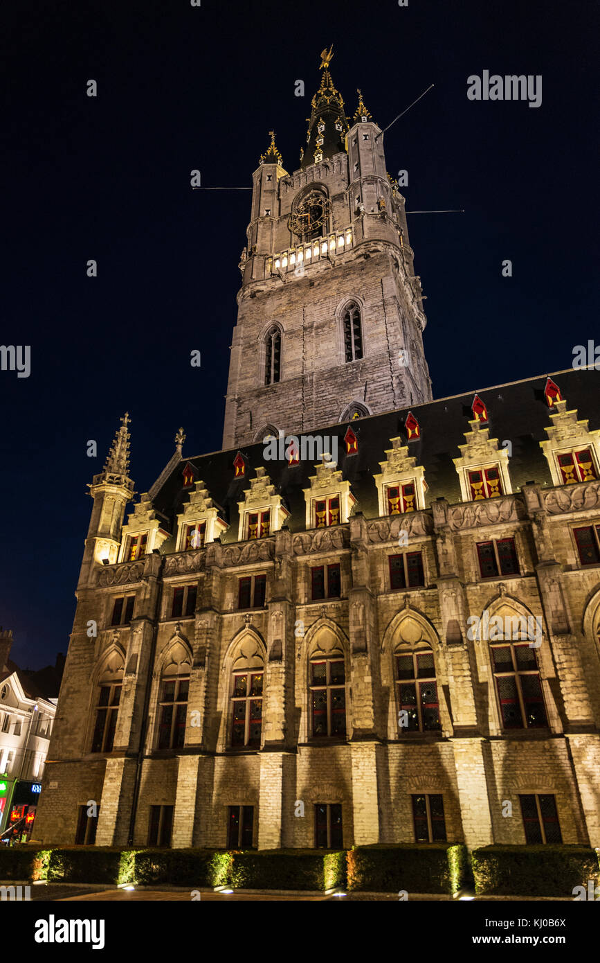 Belfry of Ghent, bell tower, next to the Cloth Hall at night in the ...