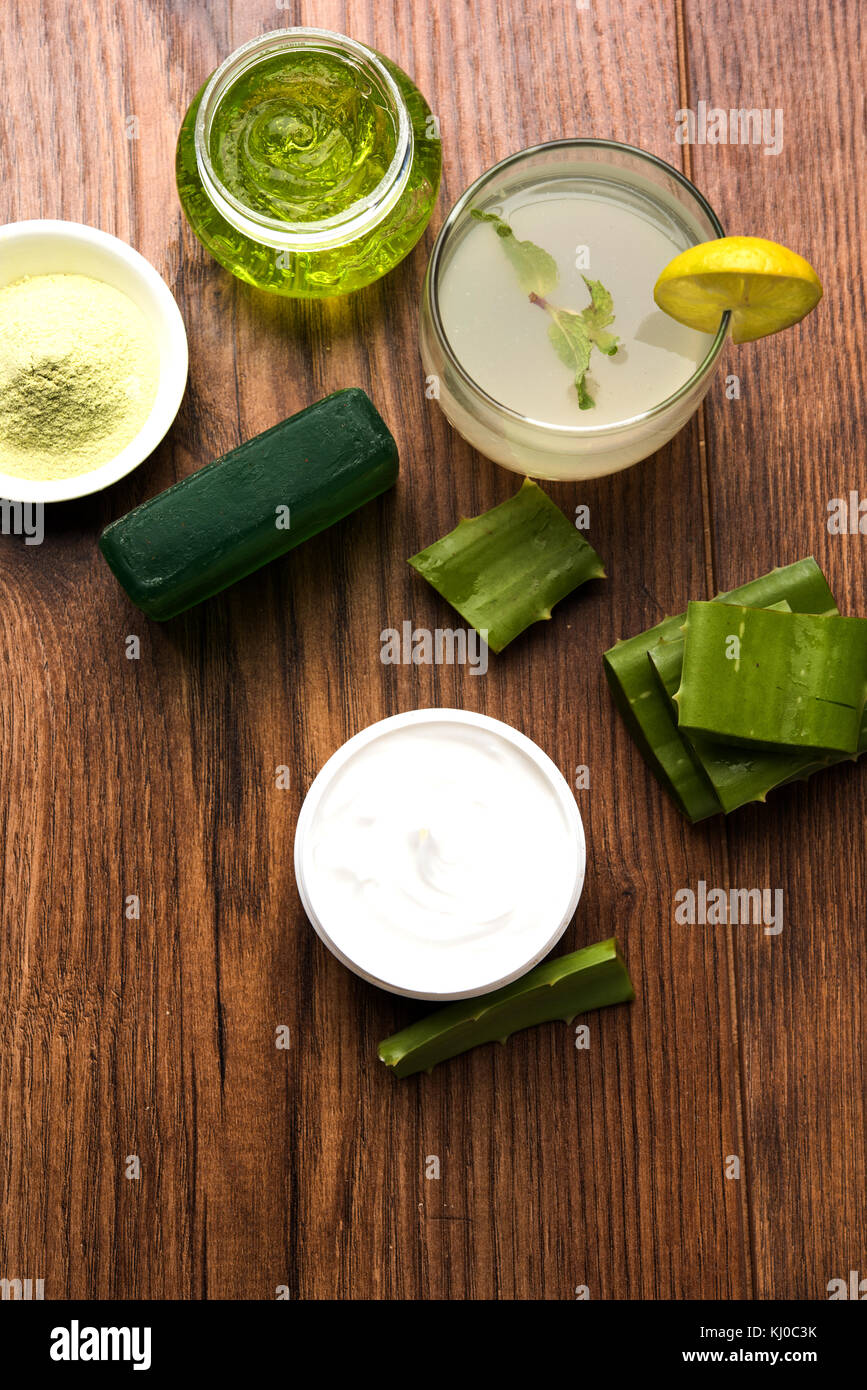 Aloe vera products like gel, juice, moisturising cream, soap, powder ...