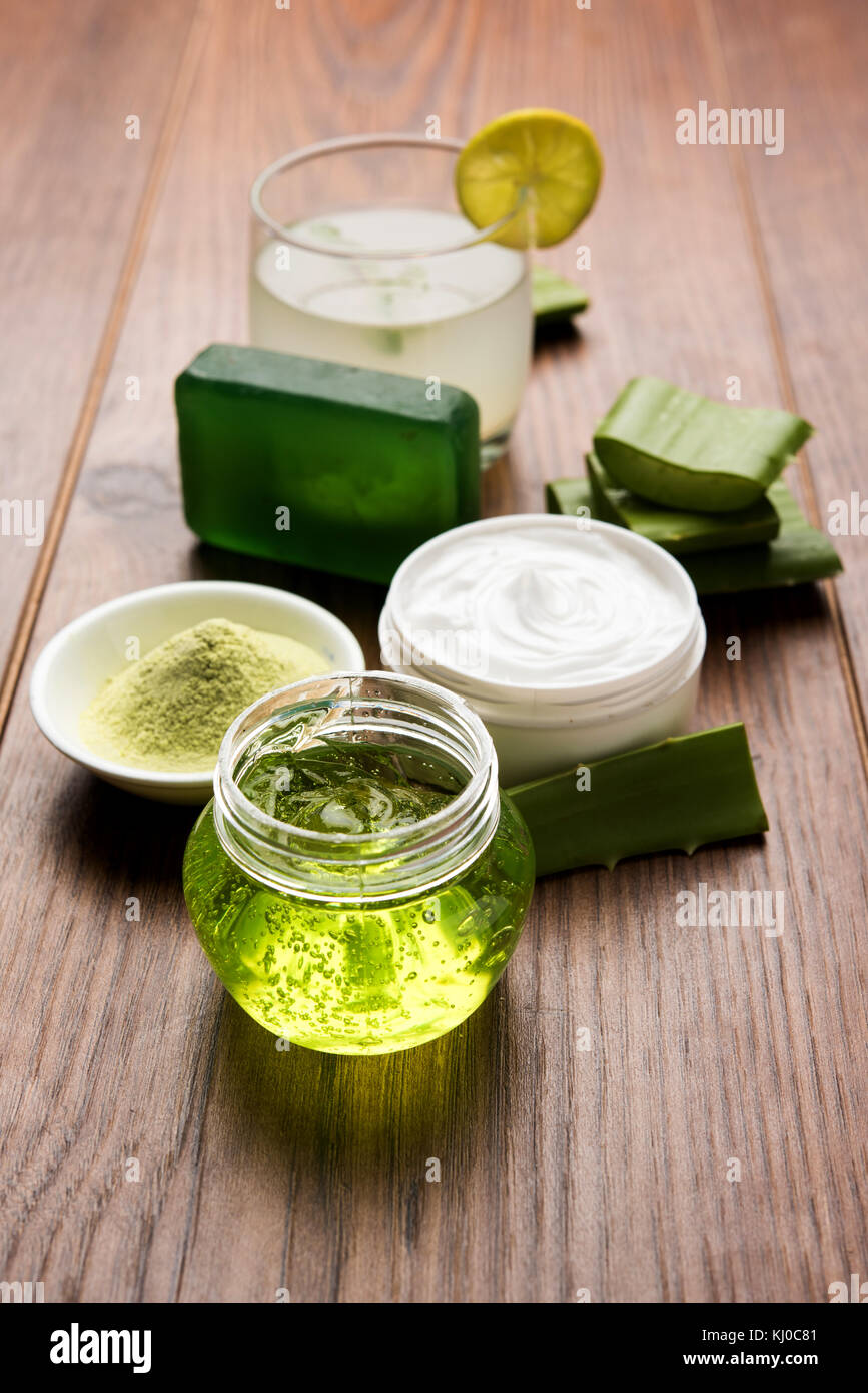 Aloe vera products like gel, juice, moisturising cream, soap, powder ...