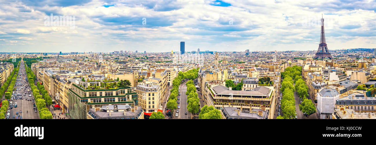 Paris, France. Panoramic view from Arc de Triomphe. Eiffel Tower and Avenue des Champs Elysees ...