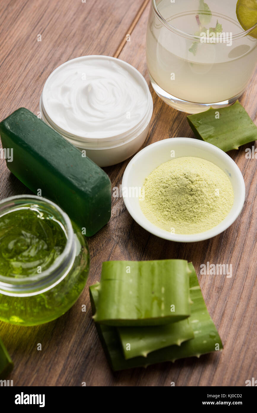 Aloe vera products like gel, juice, moisturising cream, soap, powder ...