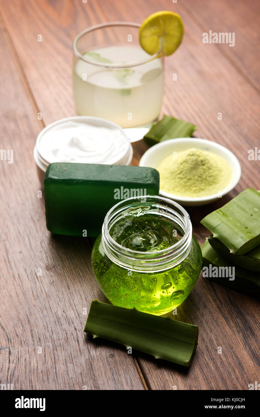 Aloe vera products like gel, juice, moisturising cream, soap, powder ...