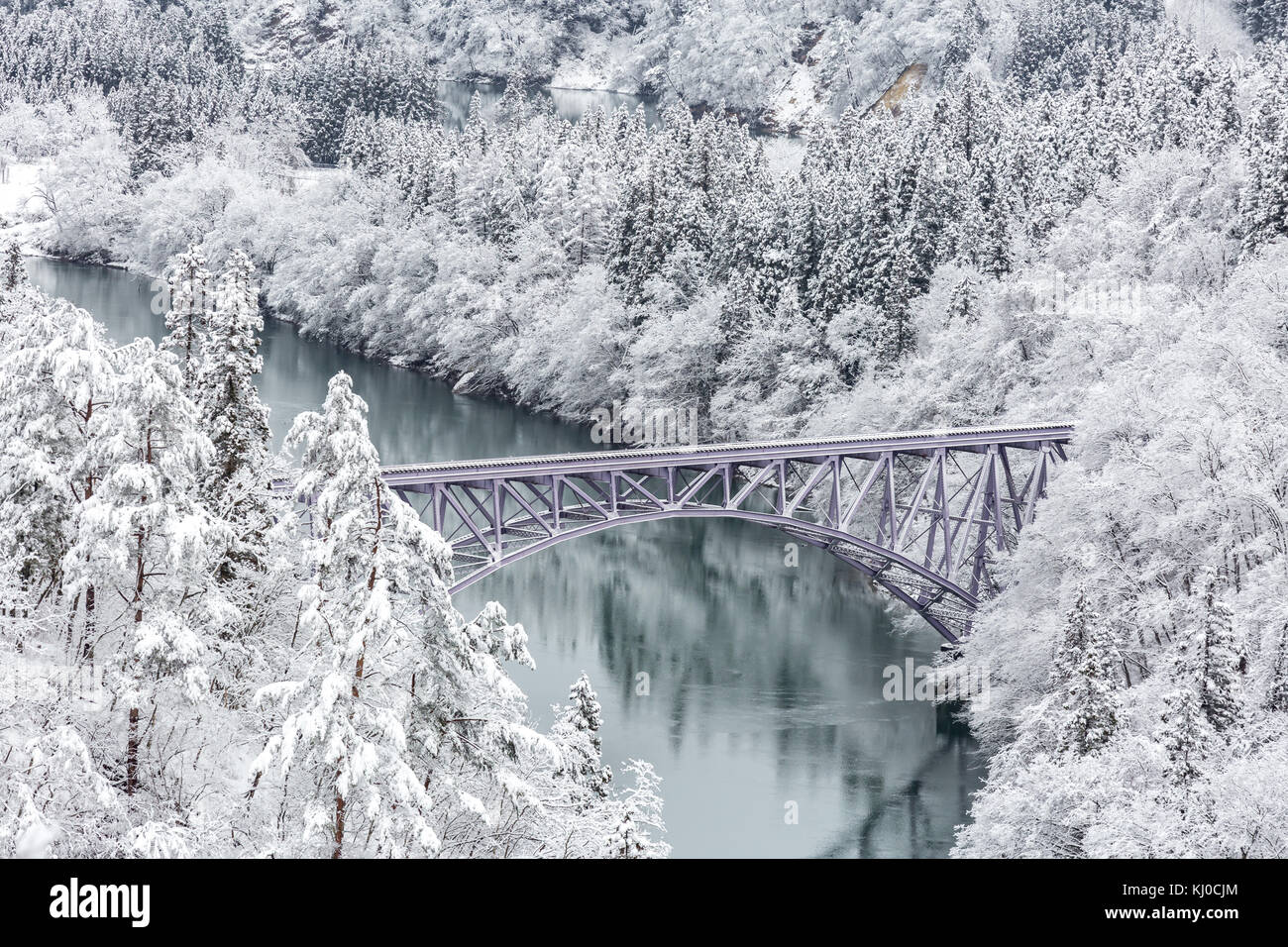 Winter landscape snow covered trees with train crossin River on Bridge ...