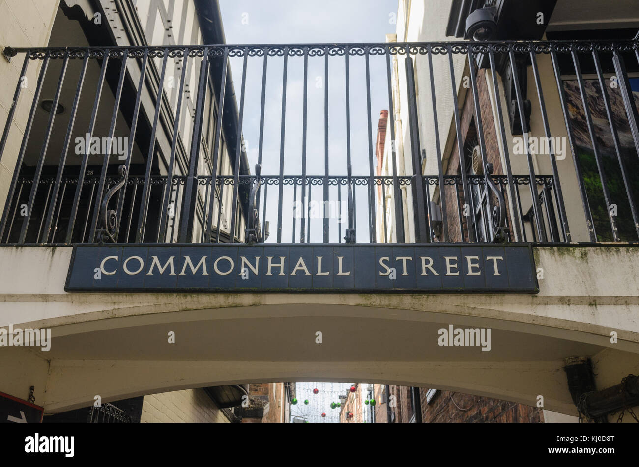 Sign for Commonhall Street on bridge connecting The Rows in historic ...