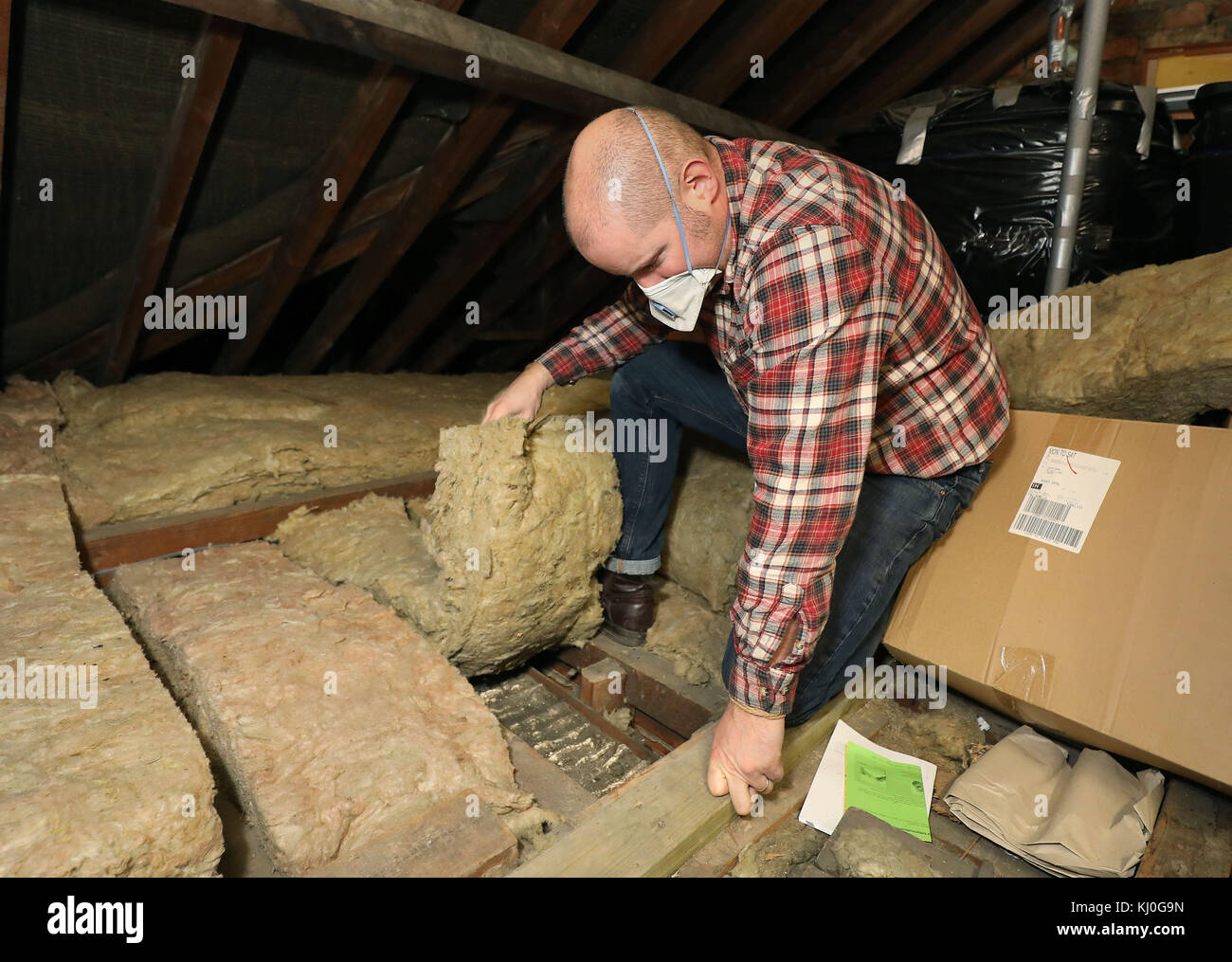 Richard Burr laying loft insulation for his DIY feature column Stock ...