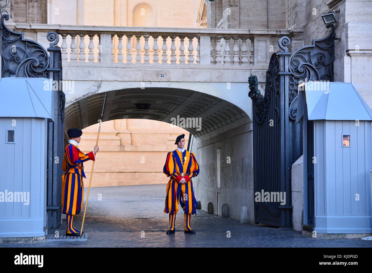 VATICAN CITY, VATICAN - APRIL 12: A pair of Papal Swiss guards stand ...