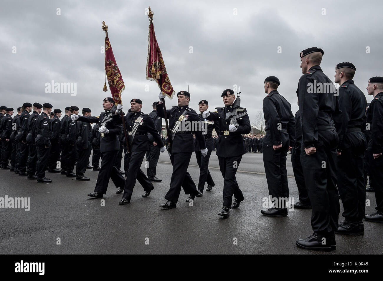 The Royal Tank Regiment colour party parade the colours of the regiment ...