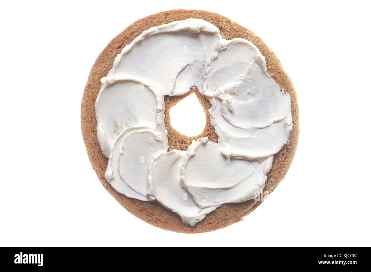 This image shows a classic bagel with cream cheese, a popular breakfast ...