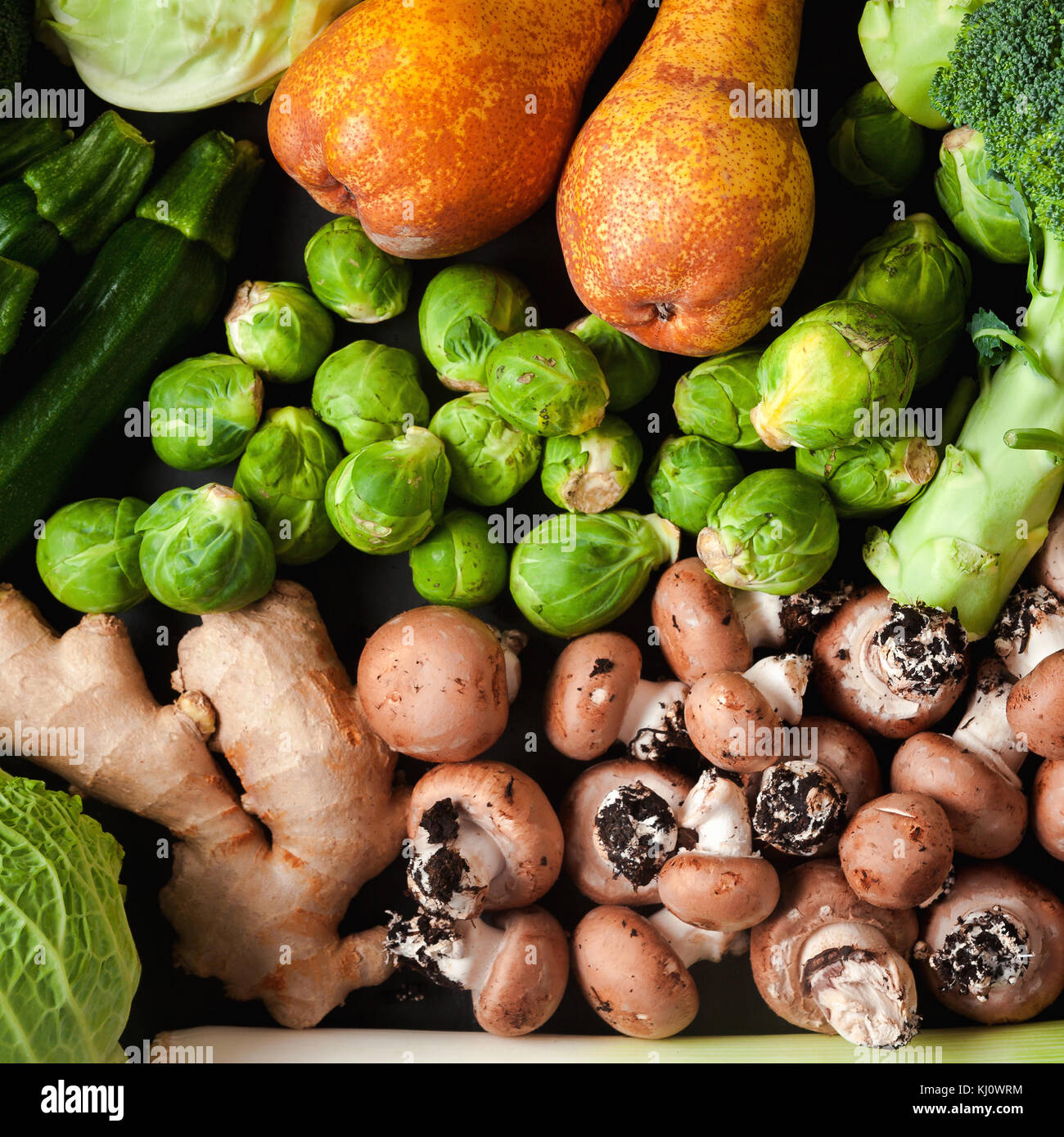 Heap of fresh and ripe vegetables, fruits and mushrooms. Food ...