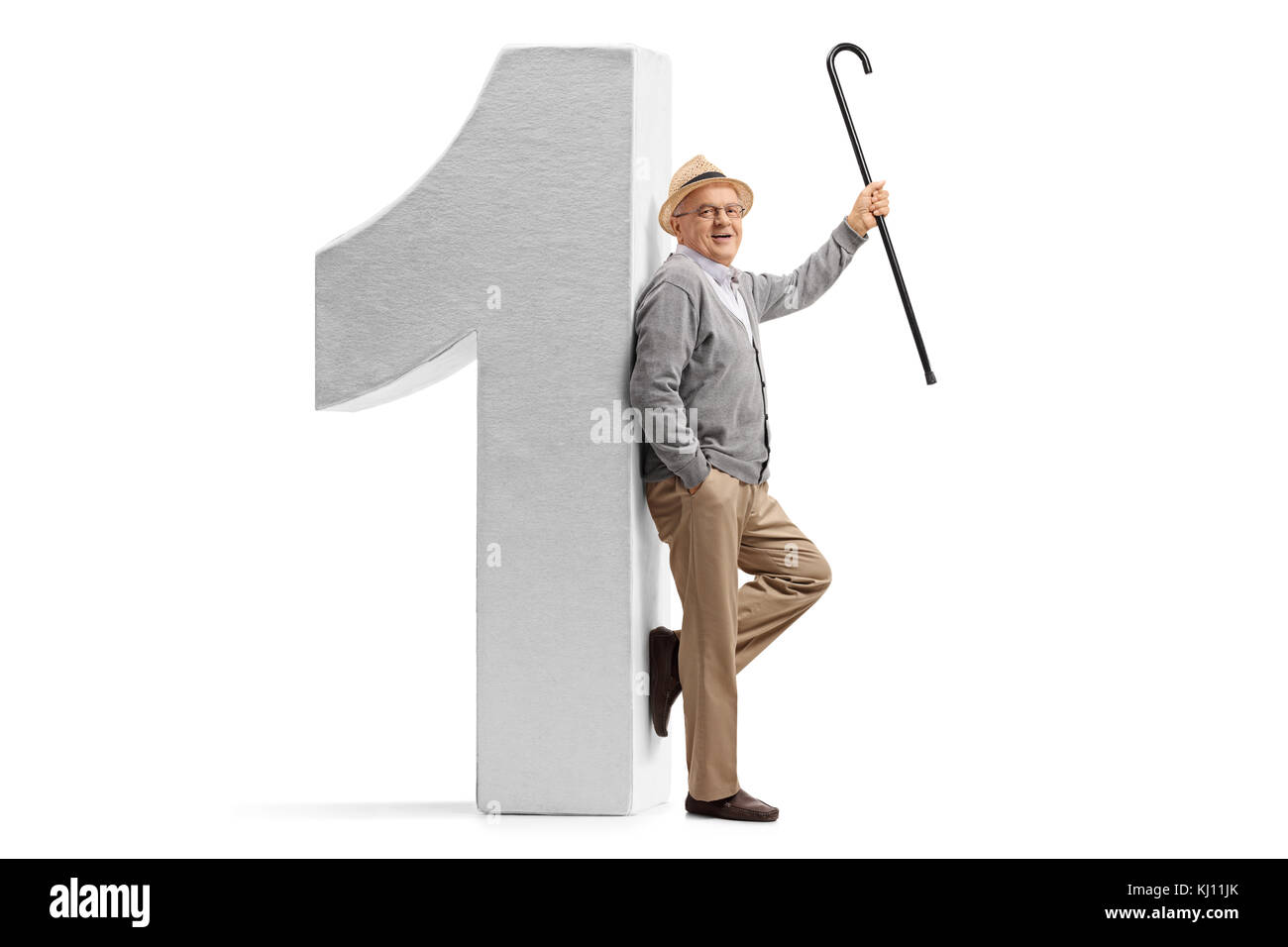 Full length portrait of a mature man holding a cane and leaning against ...