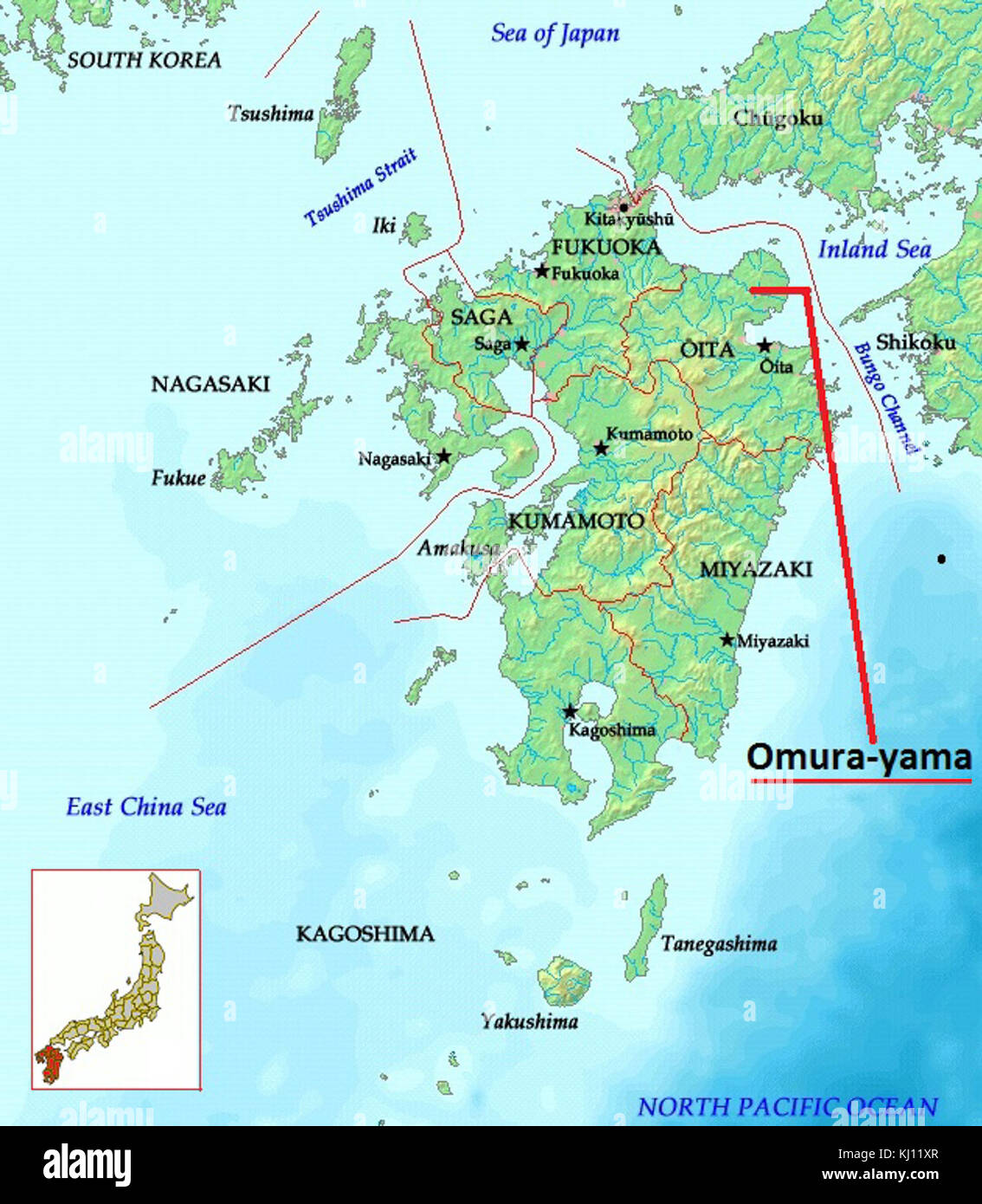 Omura-yama on Kyushu map-en Stock Photo - Alamy