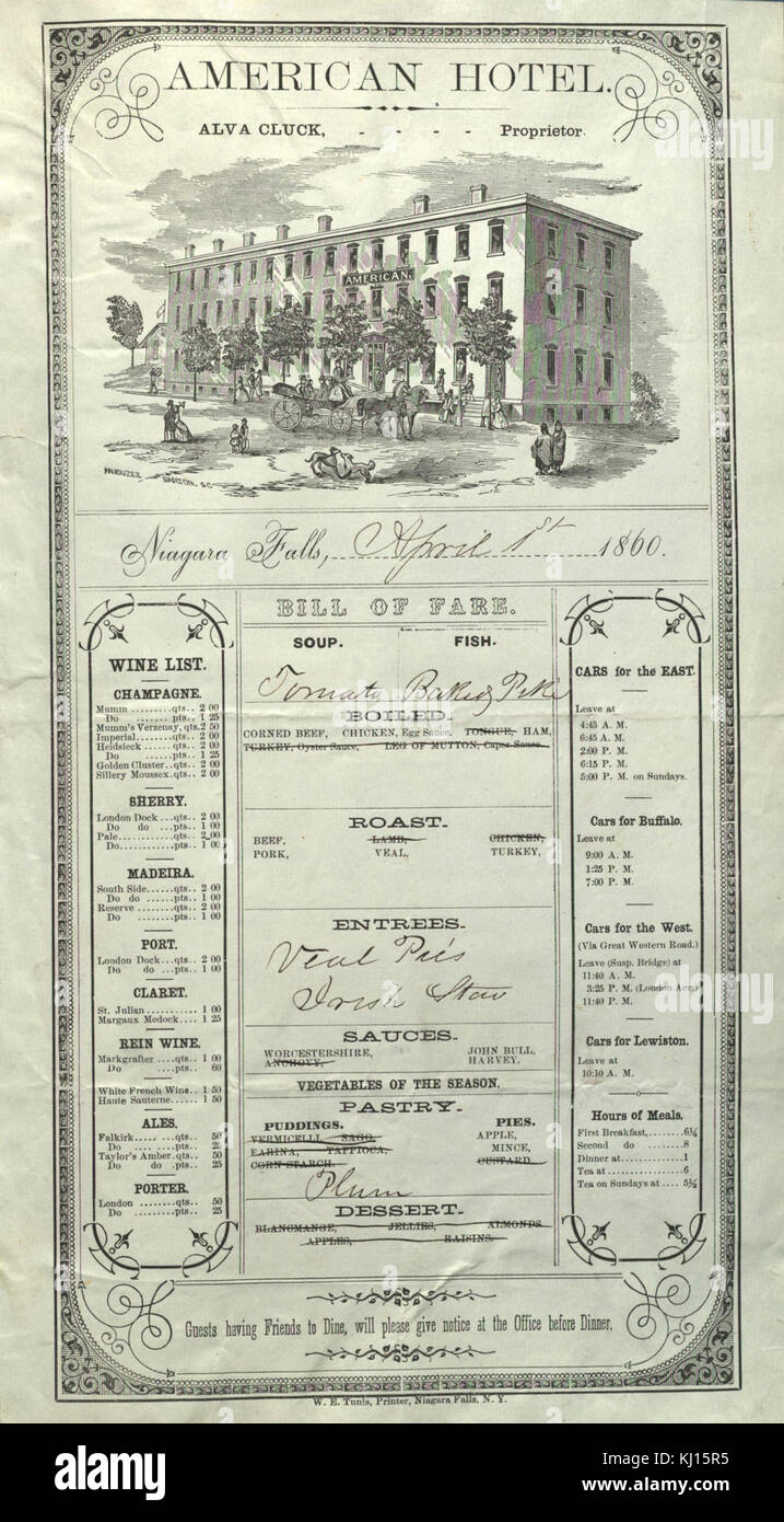 American Hotel restaurant menu (April 1 1860 Stock Photo - Alamy