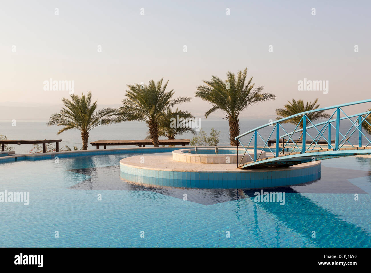 Swimming Pool near the coastline of the dead see, Jordan Stock Photo ...